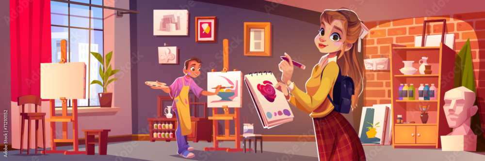 Art school students drawing pictures in studio. Vector cartoon ...