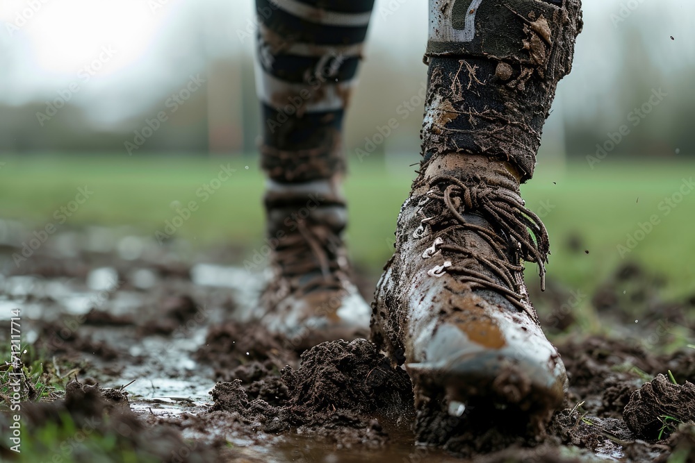 Close-up of a rugby player's muddy boots during a match, highlighting the grit and physicality ...