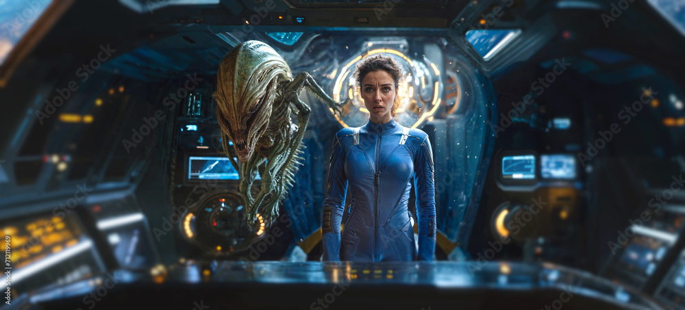 alien monster floats in spaceship, paralyzed young woman in astronaut ...