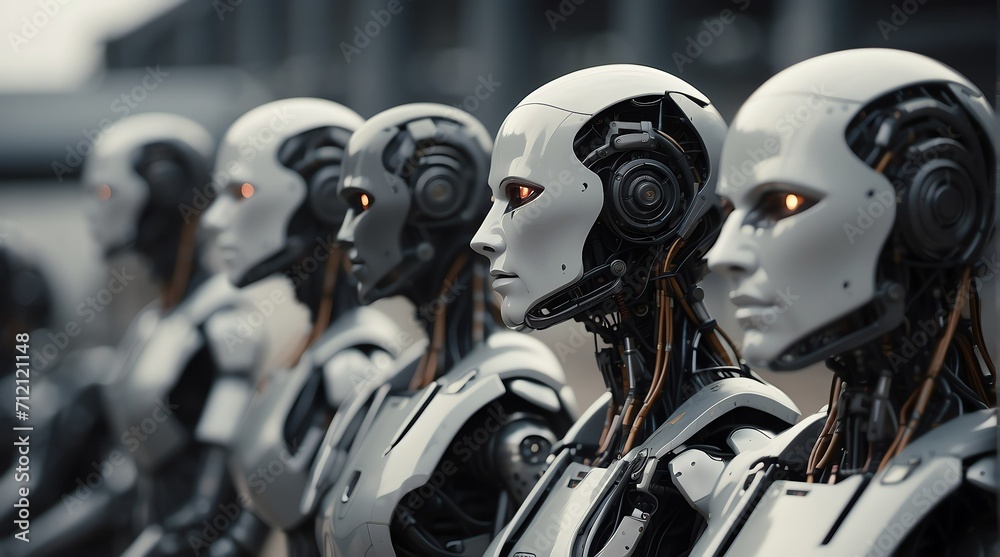 Row of army humanoid robots on a military base from Generative AI Photos | Adobe Stock
