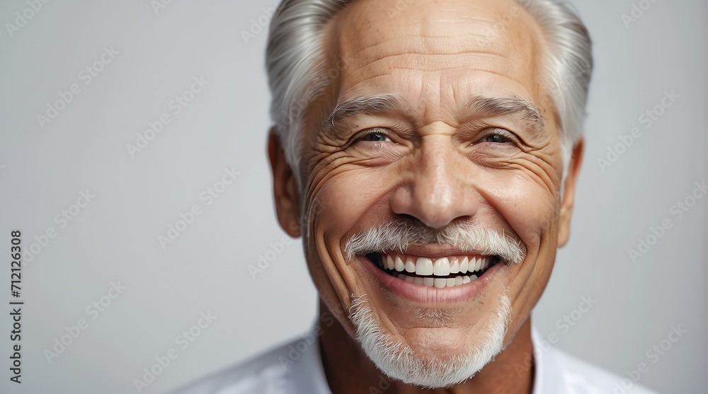 An elderly man with a radiant smile showcasing healthy, flawless teeth ...