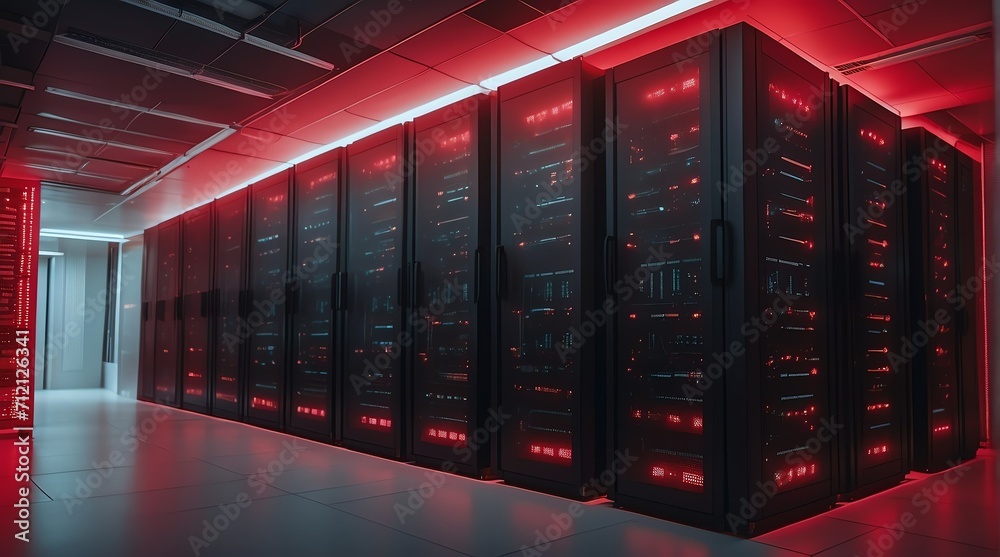 Big data center with rows of server racks in a red light room ...