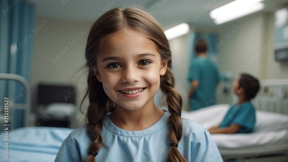 Smiling happy patient girl child kid on hospital room background ...