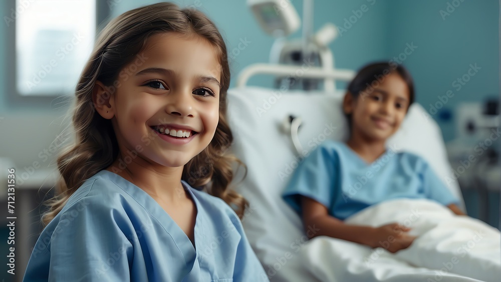 Smiling happy patient girl child kid on hospital room background ...