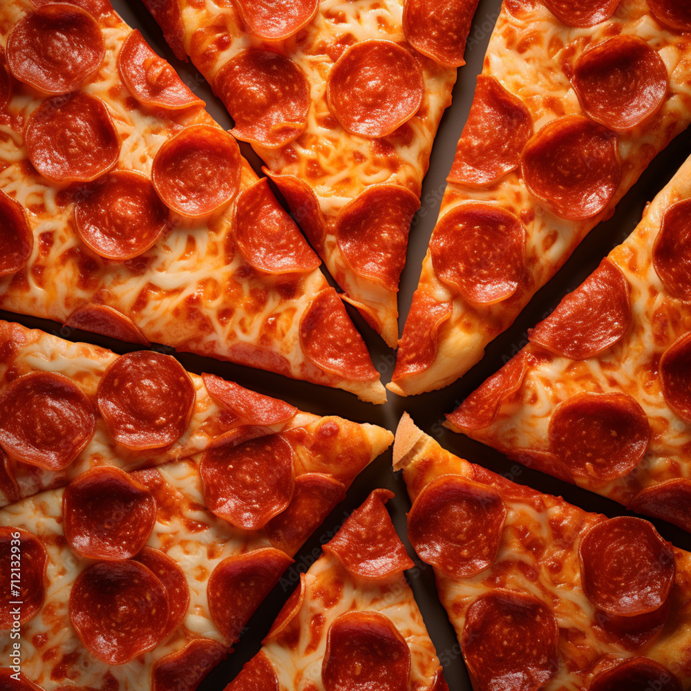 Fondo con detalle y textura de varias porciones de pizza con peperoni ...