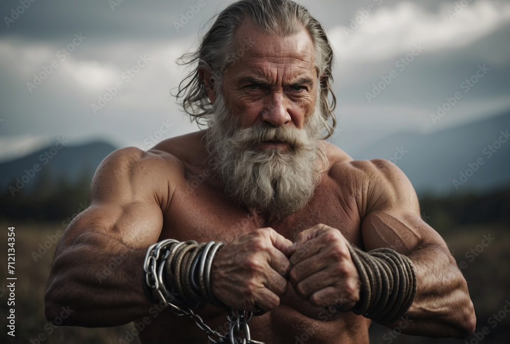 Strong muscular old man breaking chains. AI generated Stock Photo ...