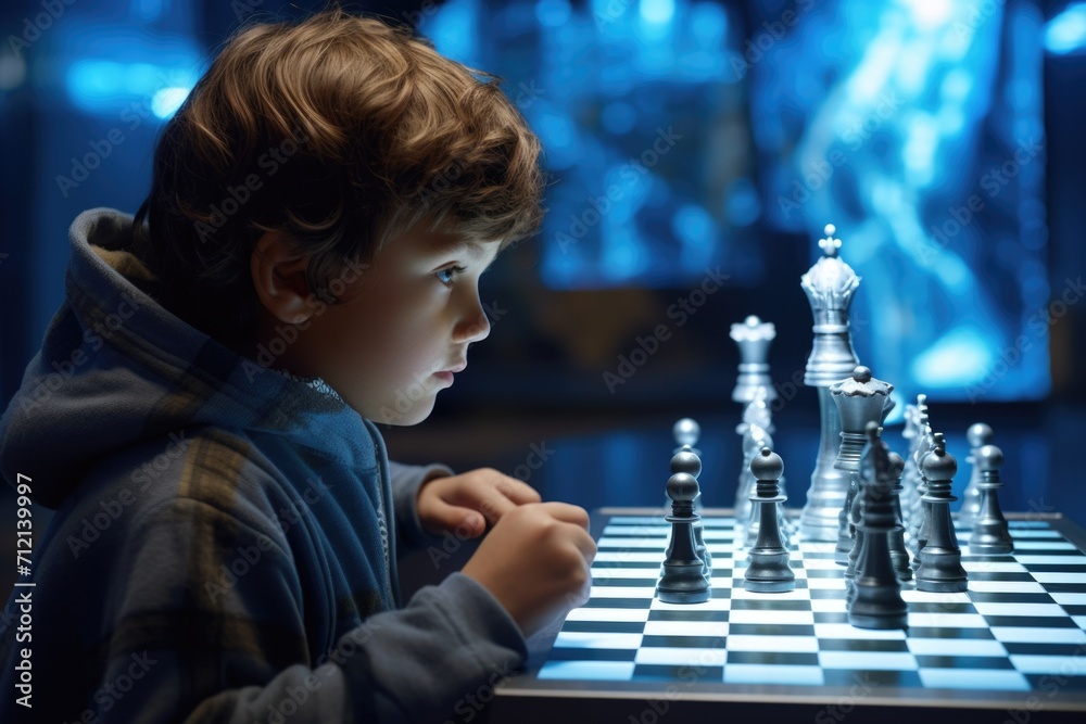 Boy playing chess with robot: AI competition and innovation. Stock ...