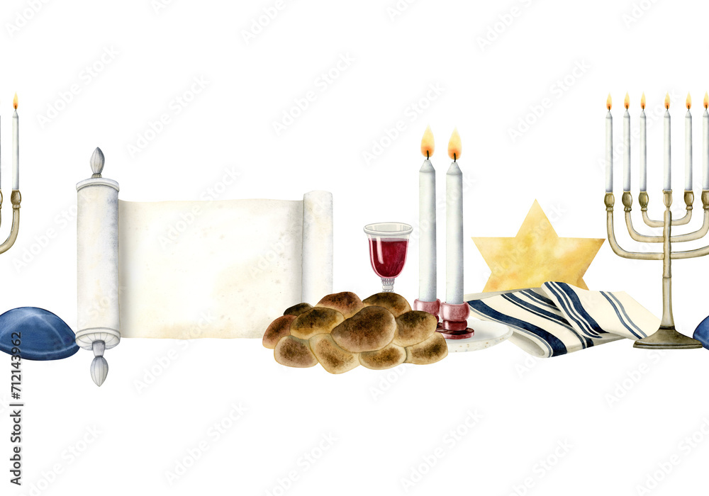 Meeting Shabbat ceremony horizontal seamless border with Jewish challah ...