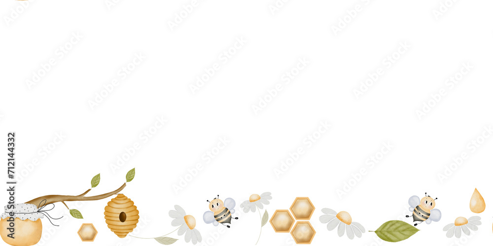 Watercolor frame border seamless with cute bees, beehive and jar of ...