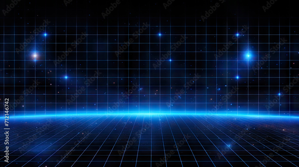 blue grid background with spaceship images and stars,A blue neon grid ...