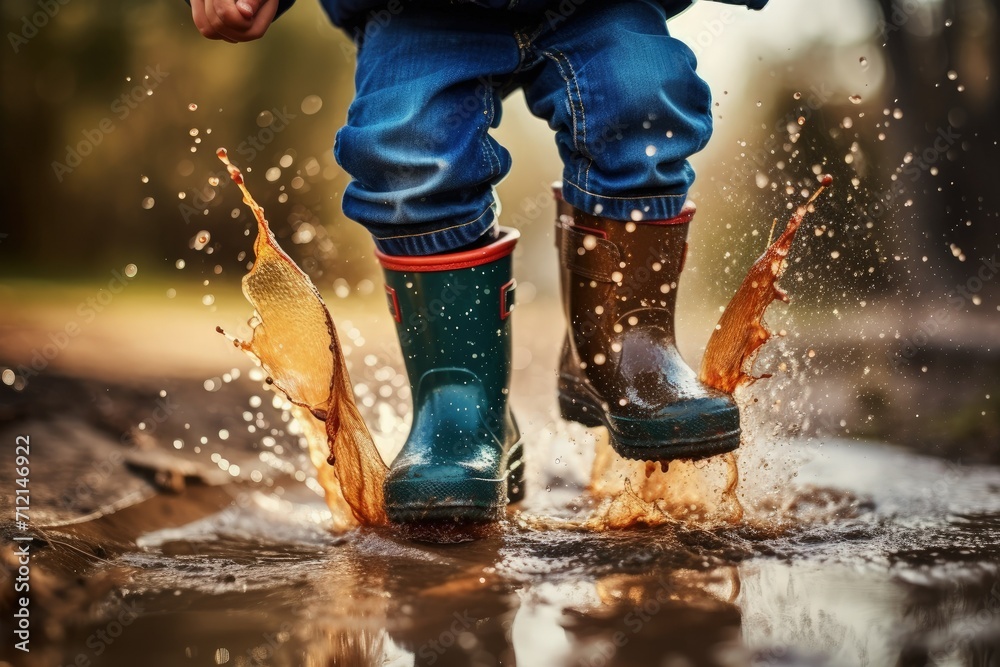 Children's feet in rubber boots splash puddles. A child runs through a ...