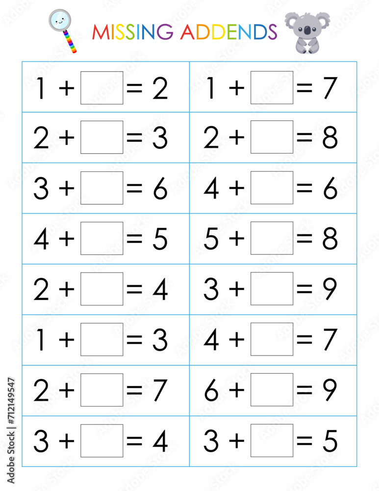 Vetor de Math worksheet for kids. Educational game. Missing addends ...