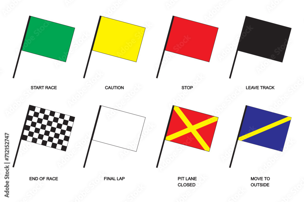 Set of different race flags signs. Start, finish, caution, stop, leave ...