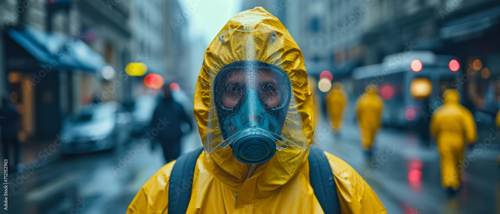 Man wearing bio hazard suits in on city streets due to pollution and ...
