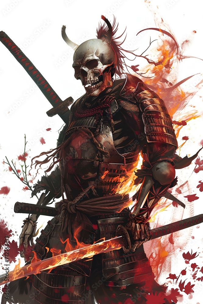 a skeleton in traditional Japanese samurai armor with a huge katana ...