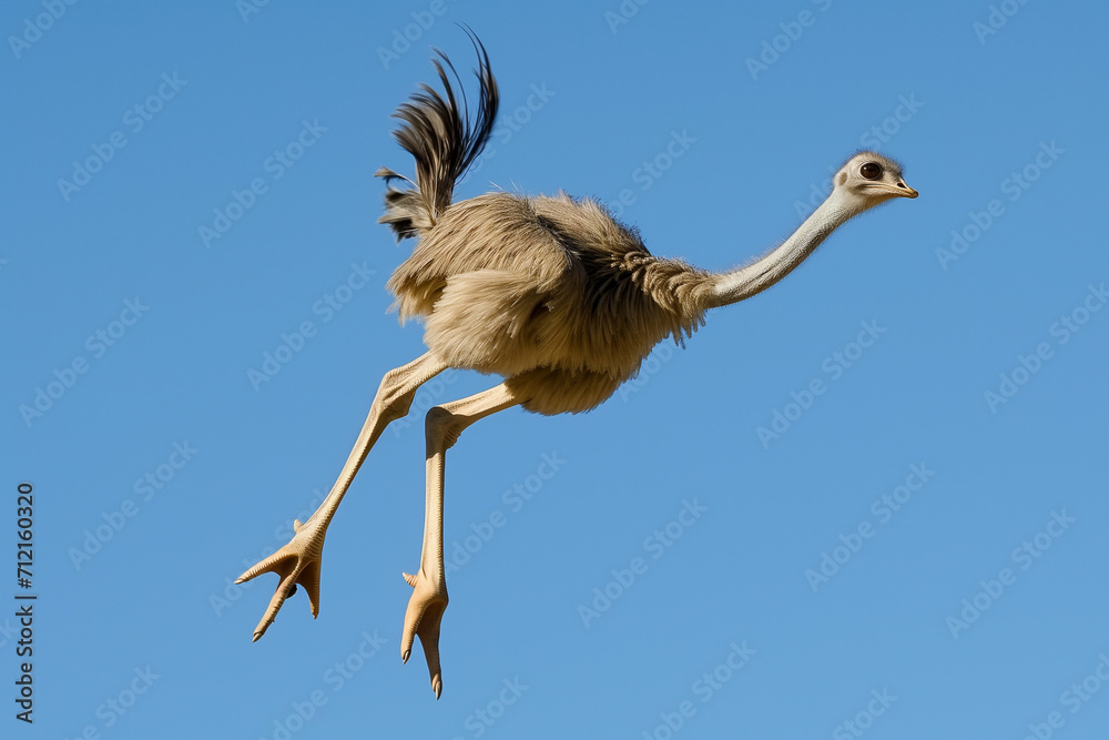 Frightened thick ostrich running with high speed along the road ...
