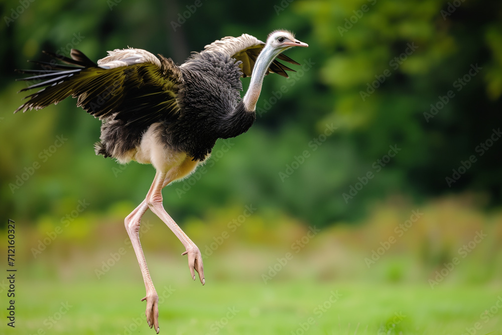 Frightened thick ostrich running with high speed along the road ...