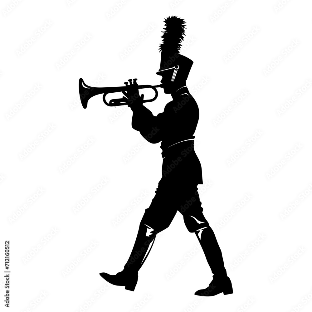 Silhouette marching band wind instrument player full body black color ...
