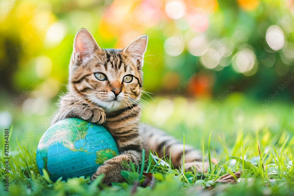 Cat (Felis catus) lying next to planet earth globe, concept Animals ...