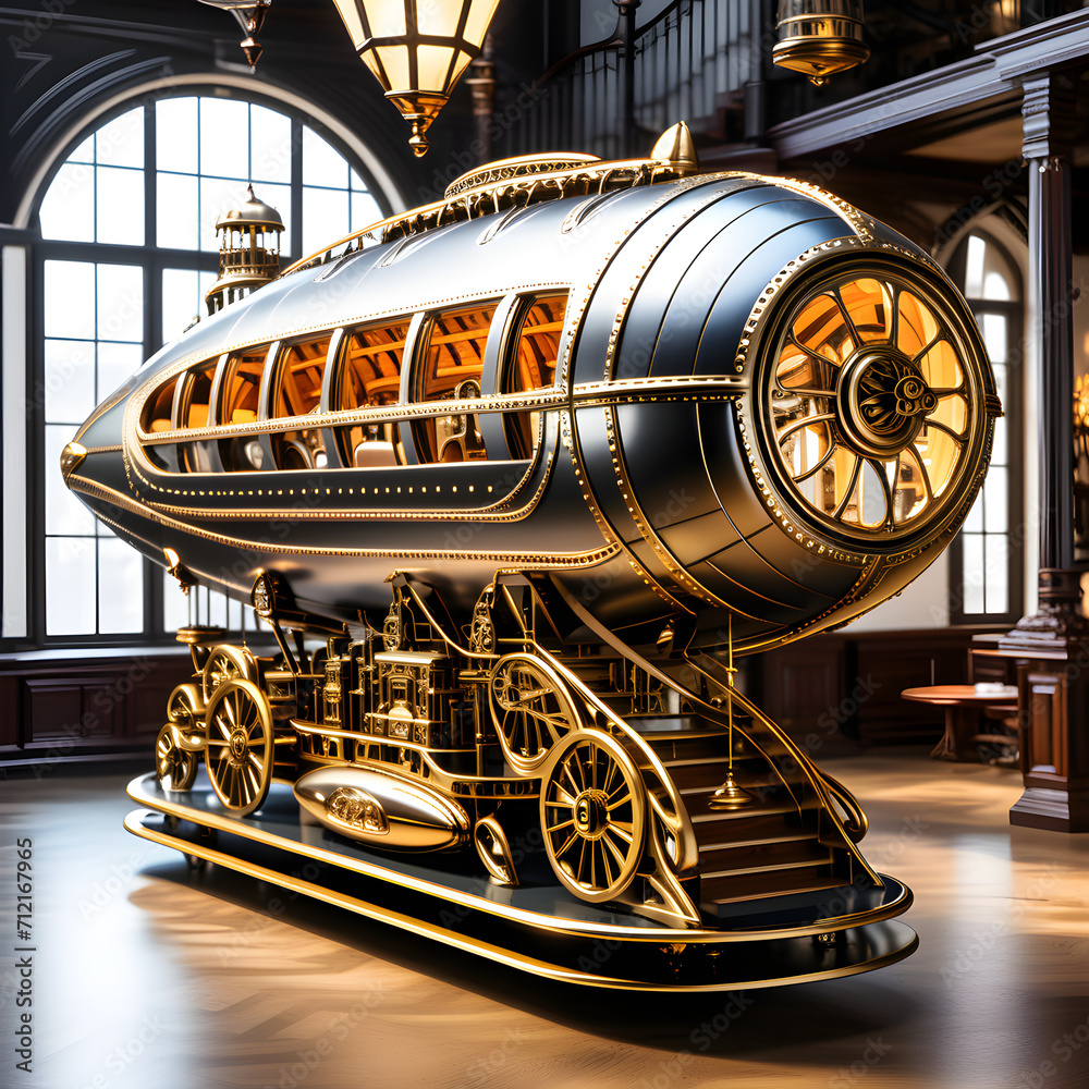 highly realistic mechanical, old-fashioned steampunk zeppelin model ...