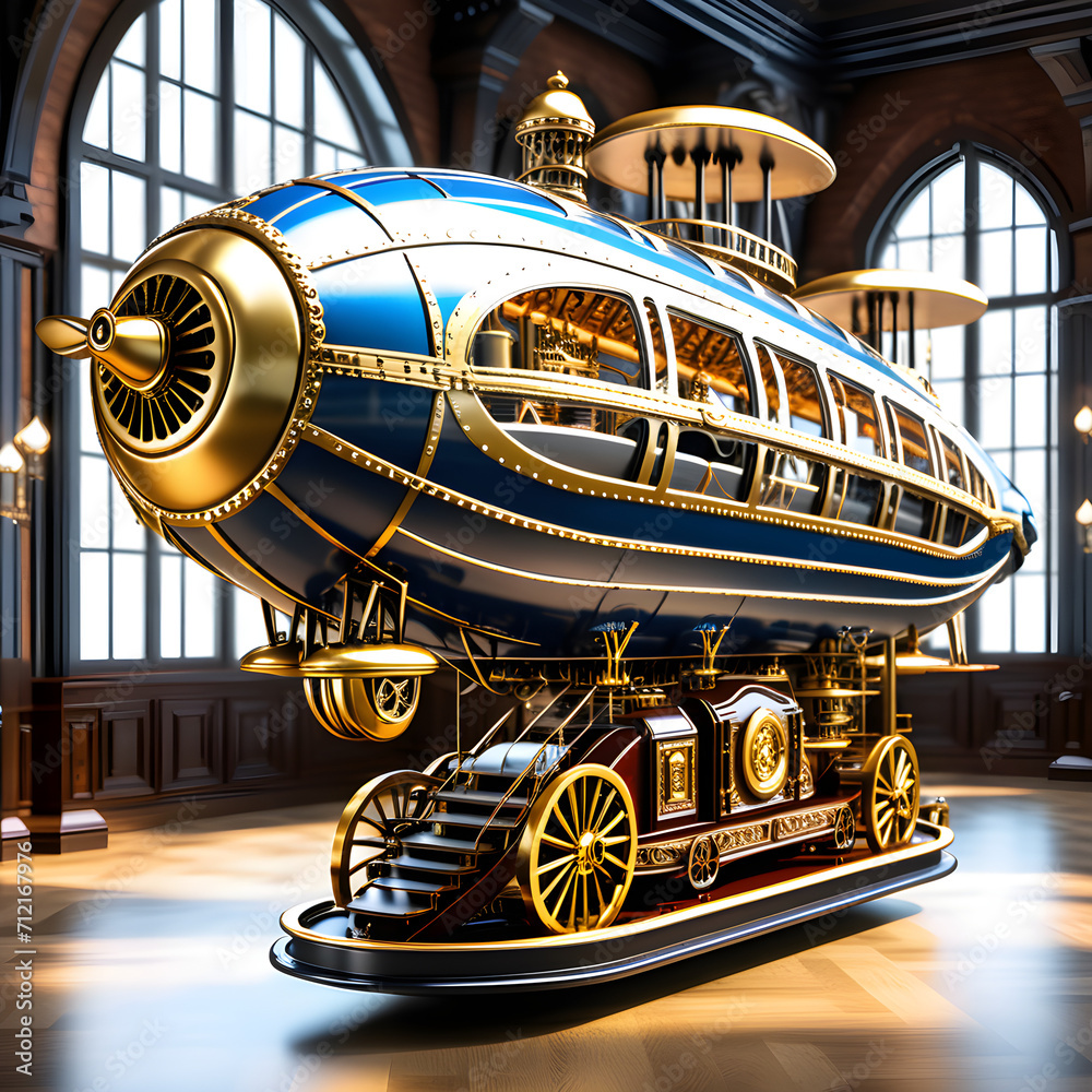 Ultra-realistic mechanical vintage steampunk zeppelin model with a ...