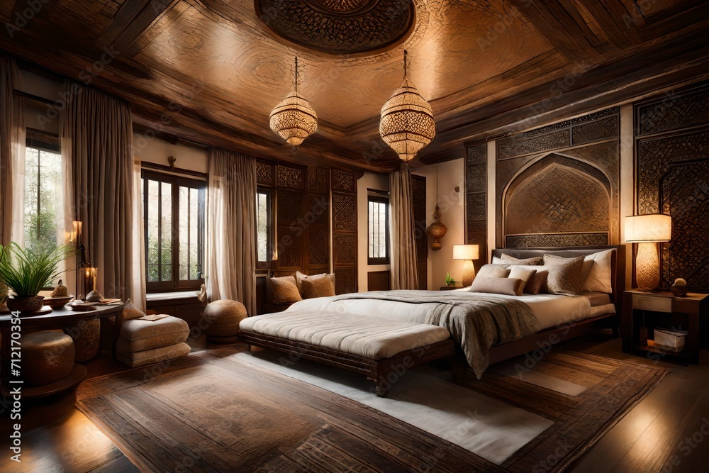 Foto de an opulent Middle-Eastern bedroom with rich textiles, intricate ...