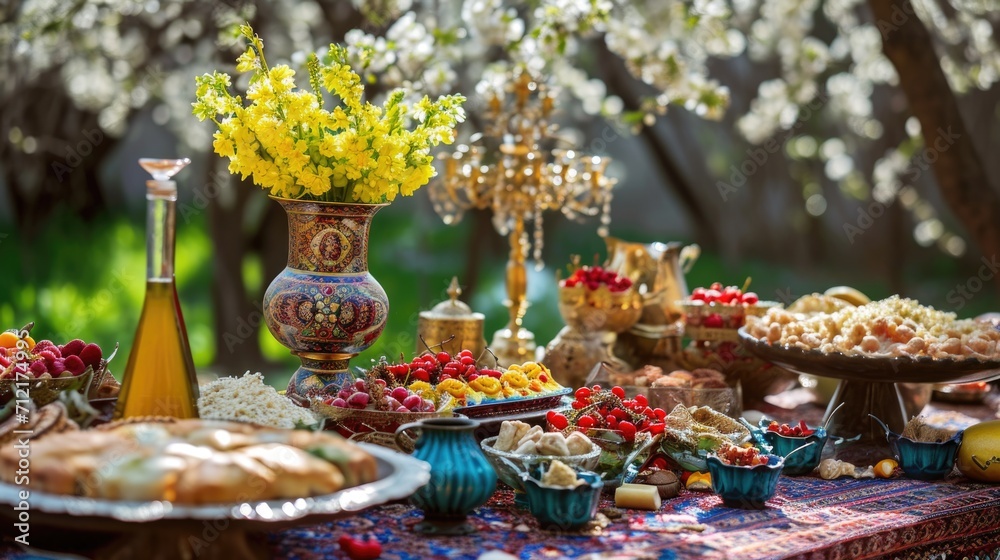Vibrant Nowruz Celebration with Traditional Haft-Seen Table Stock Photo ...