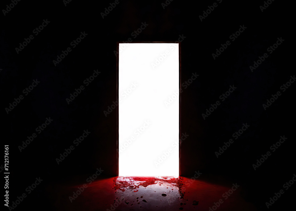 Door portal in a dark room, blood puddles on the floor, opening to a ...