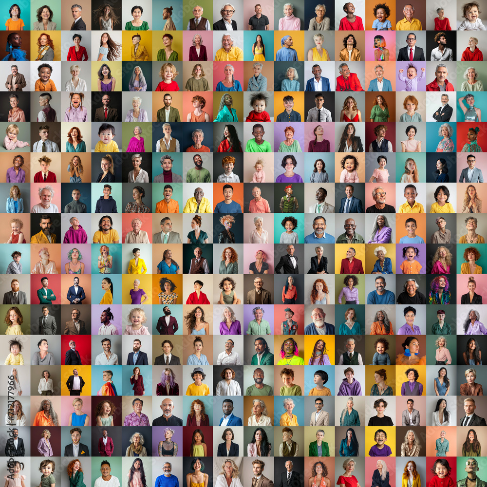 Collage of diverse people portraits in front of monochromatic ...