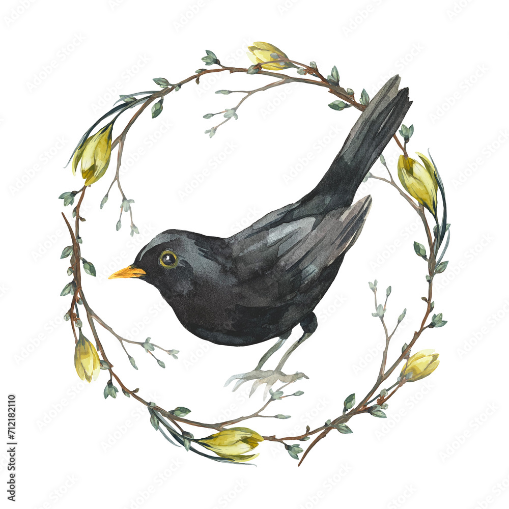 Floral spring wreath with buds, branches crocus flowers and bird ...