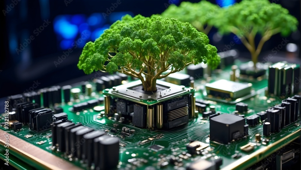 the motherboard of a modern computer, a green tree grows from the ...