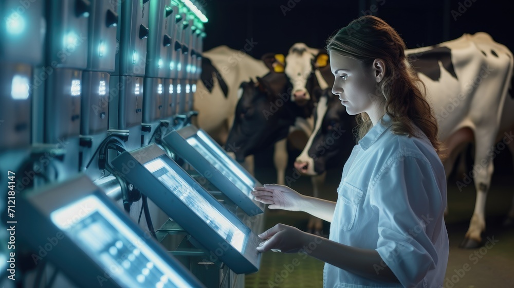 Cow farm worker checks milk quality indicators and the condition of ...