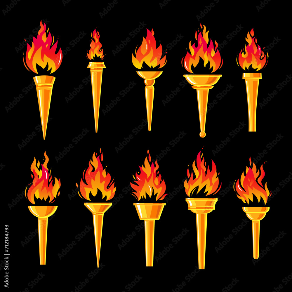 Collection of different torches with a blazing fire. The amazing flame ...