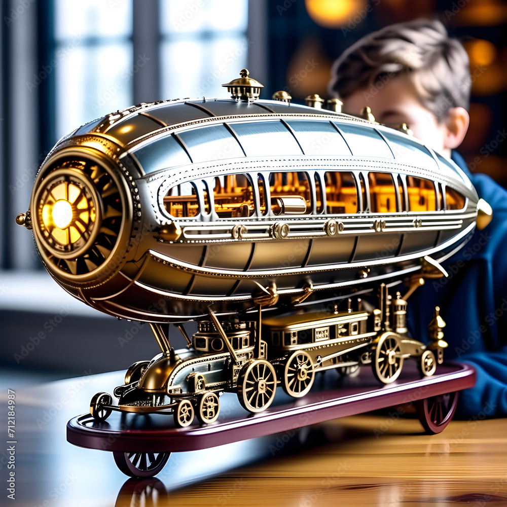 A boy plays with the incredibly realistic steampunk zeppelin mechanical ...