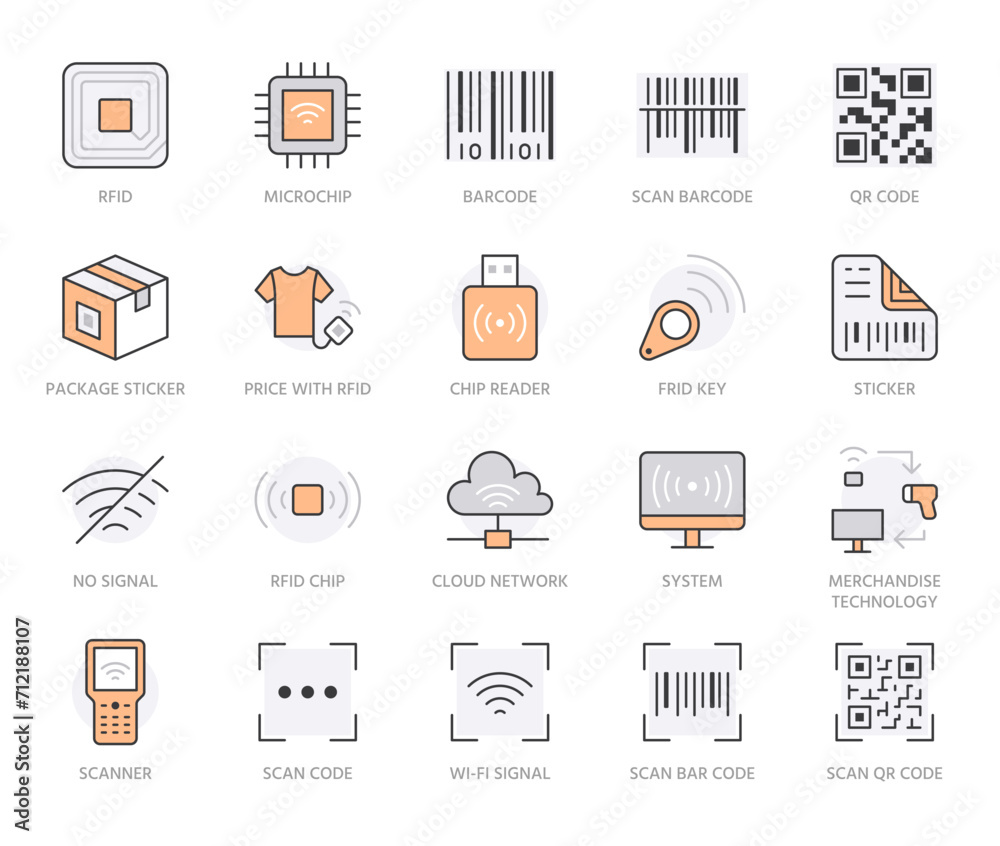 RFID, qr code, barcode line icon set. Price tag scanner, label reader ...