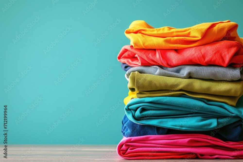 Colorful clothes stacked on a table in an empty space with a background ...