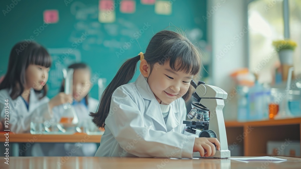 Young Asian kids wearing white scientist gown and using microscope ...
