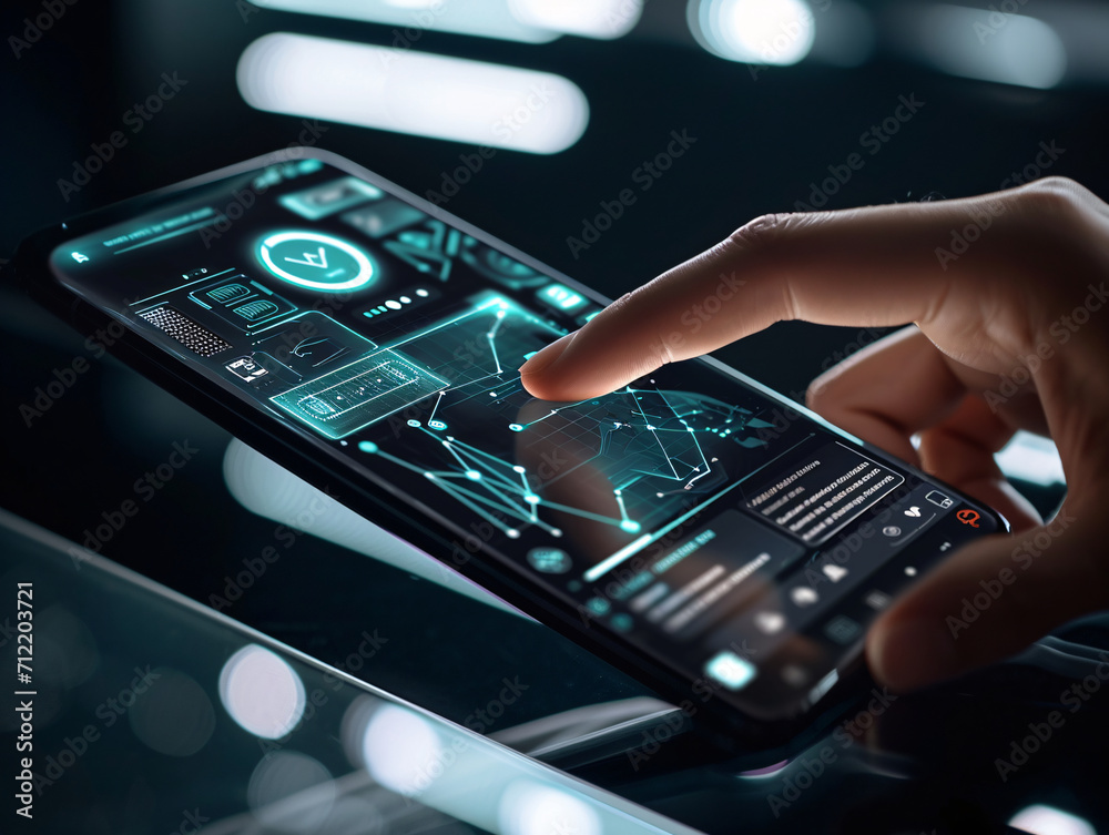 User interacting with futuristic touchscreen interface on a mobile ...