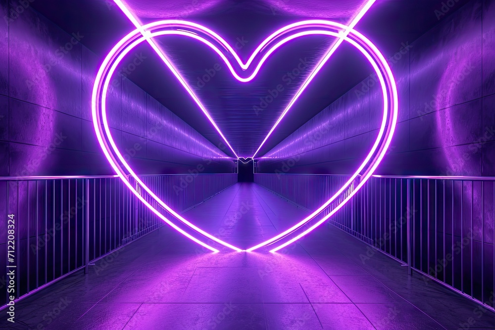 Perspective tunnel background with a neon purple heart shape in 3D ...