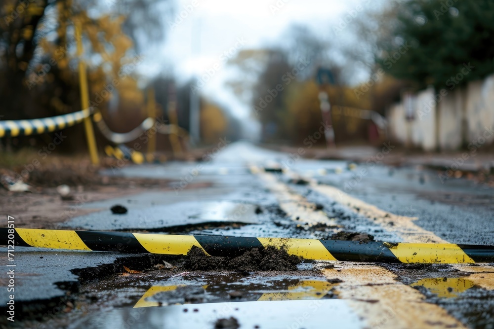 Unsafe road area with damaged asphalt Accident zone barricaded with ...