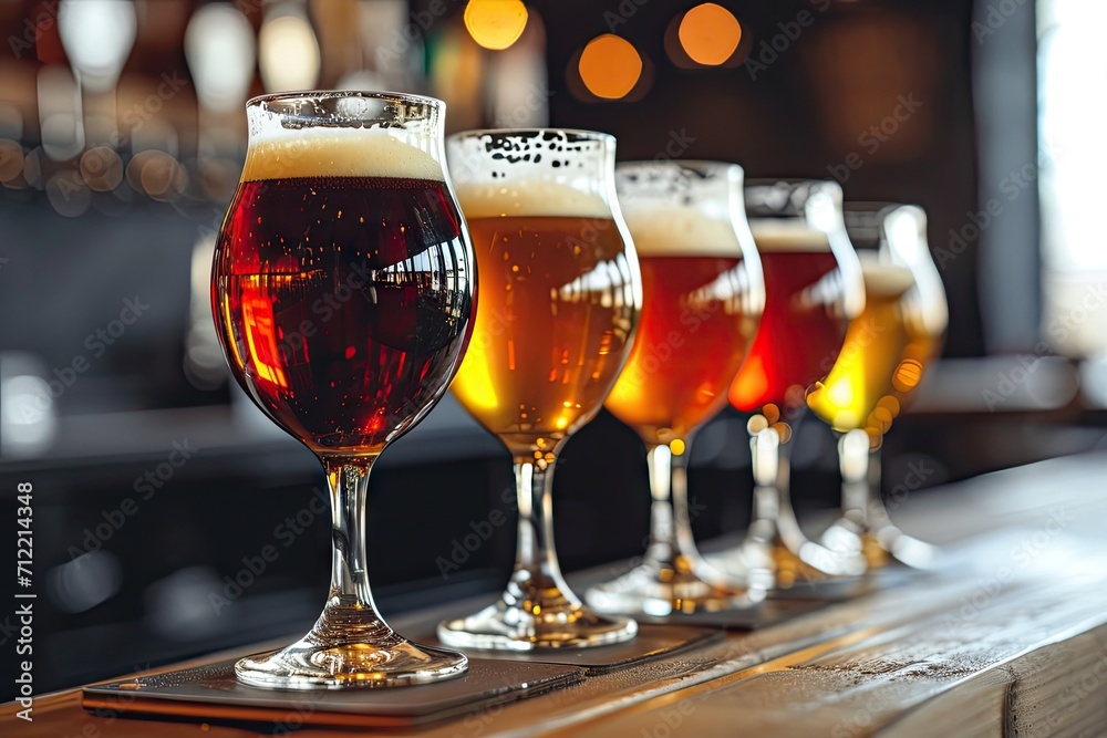 Various craft beer glasses on wooden bar in a pub Assorted pints of tap ...