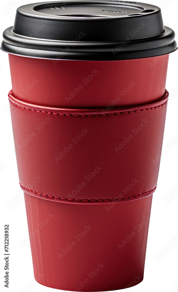 Takeaway red paper coffee cup with sleeve isolated cutout on ...