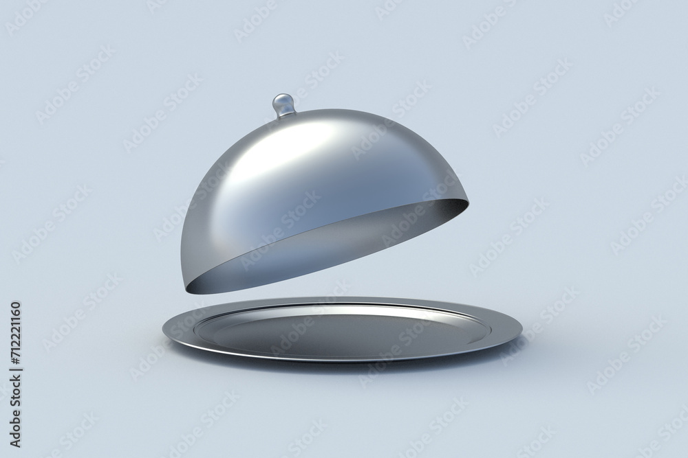 Restaurant trays with cloches. Banquet table setting. Food menu. Dishes ...