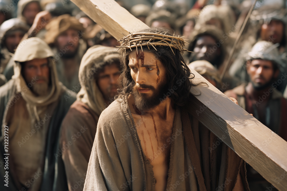 Jesus Christ via the cross, walking through the streets among a crowd ...