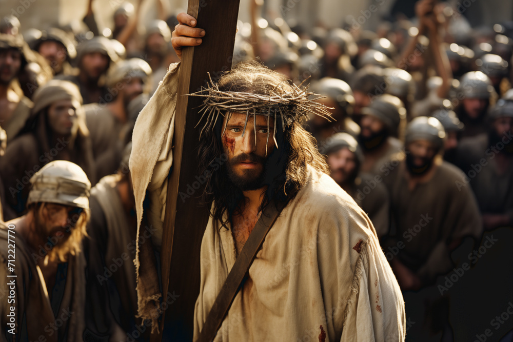 Jesus Christ via the cross, walking through the streets among a crowd ...