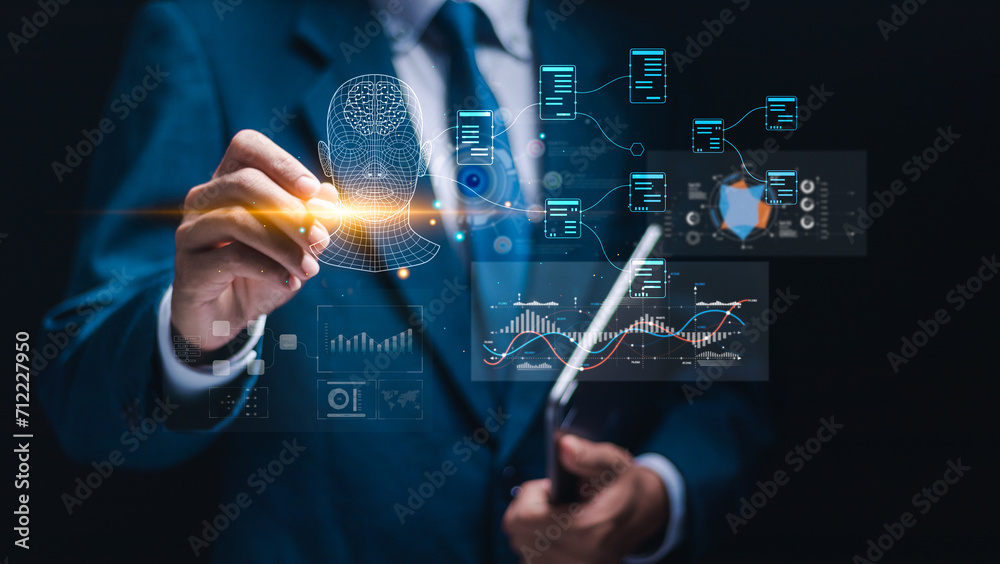 Businessman touch automated data management system to create reports ...