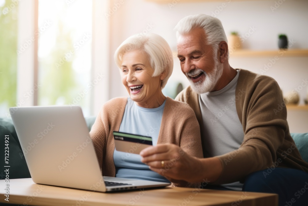 senior couple credit card and laptop for home online shopping payment ...