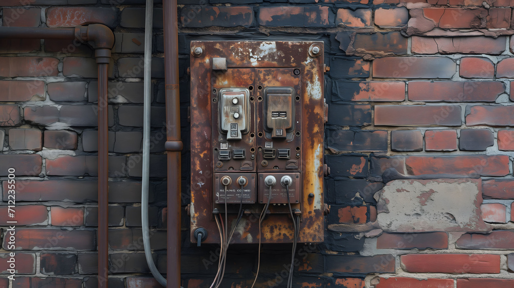 An old, rusted electrical box mounted on a brick wall with various ...