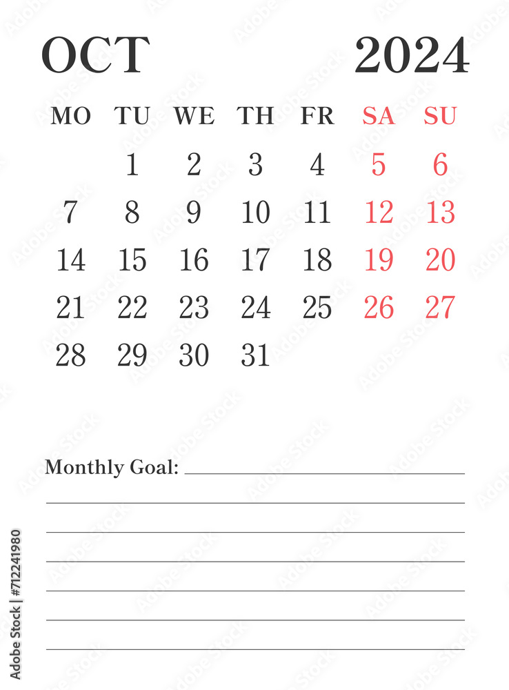 2024 October English calendar with a simple minimalist design in ...