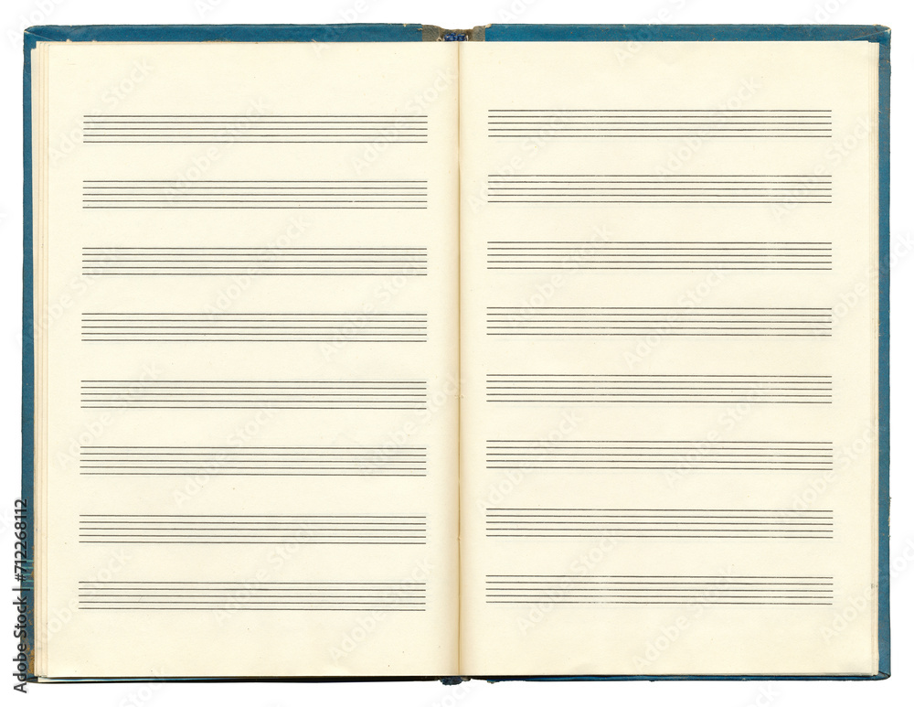 Opened blank pages of musical notes in a music notebook. Five-line ...